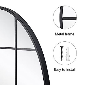 Decoccino Round Grid Wall Mirror,Circle Black Metal Frame Window Mirror 28 inches，Decorative Windowpane Round Wall Mirror for Entry, Living Room, Bedroom.