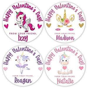 Personalized Unicorn Valentine's Day Stickers for Kids Class Party Favors, Custom Gift Bag Labels for Girls, 2-inch, 20-Count