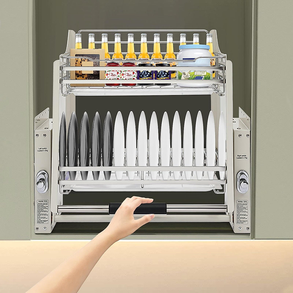 CheriMuMu Cabinet Organizer, 2 Tier Pull-Out Cabinet Organizer Spice and Dishes Pull Out Cabinet Storage Shelf Pull Down Heavy Duty Shelf Organizer, Wall Mounted Pantry Storage Shelf for Kitchen