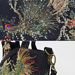 Women's Shoulder Bag Vintage Ethnic Style Peacock Embroidered Canvas Handbags Ladies Travel Shopping Large Tote Bag (Red)