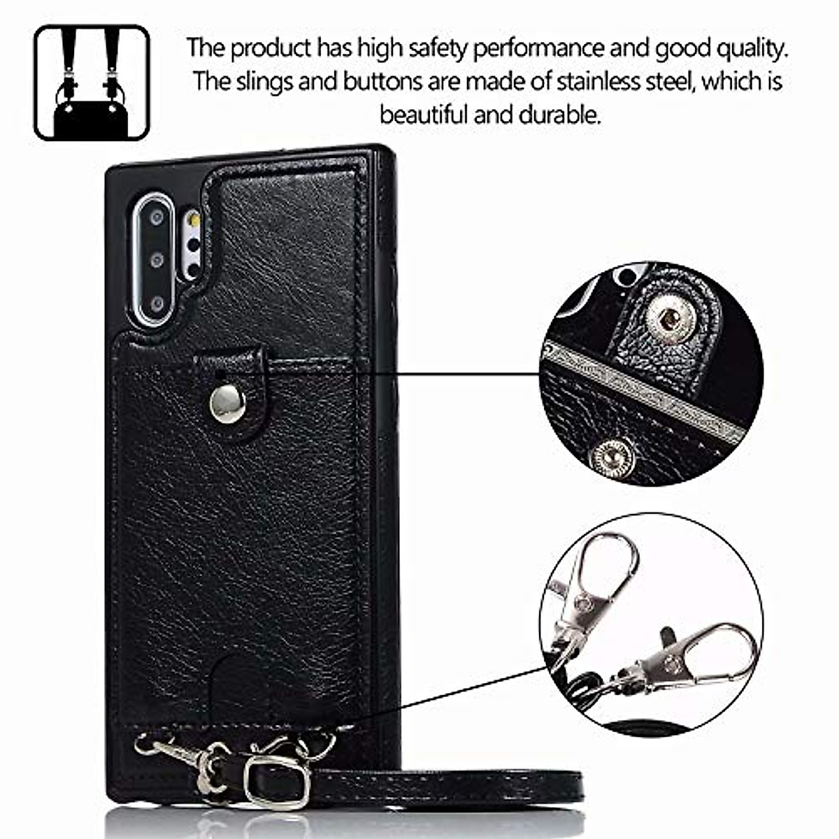 Jaorty PU Leather Wallet Case for Samsung Galaxy Note 10+ Plus/Pro/5G Necklace Lanyard Case Cover with Card Holder Adjustable Detachable Anti-Lost Neck Strap Case for Galaxy Note 10+/Pro/5G,6.8",Black
