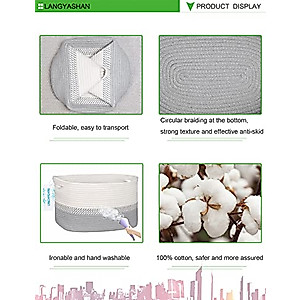 LANGYASHAN Rectangular Woven Rope Basket Decorative Blanket Basket for Living Room Storage or Nursery Laundry Basket Basket with Invisible Handles Laundry Hamper(Gray Invisible Handle)