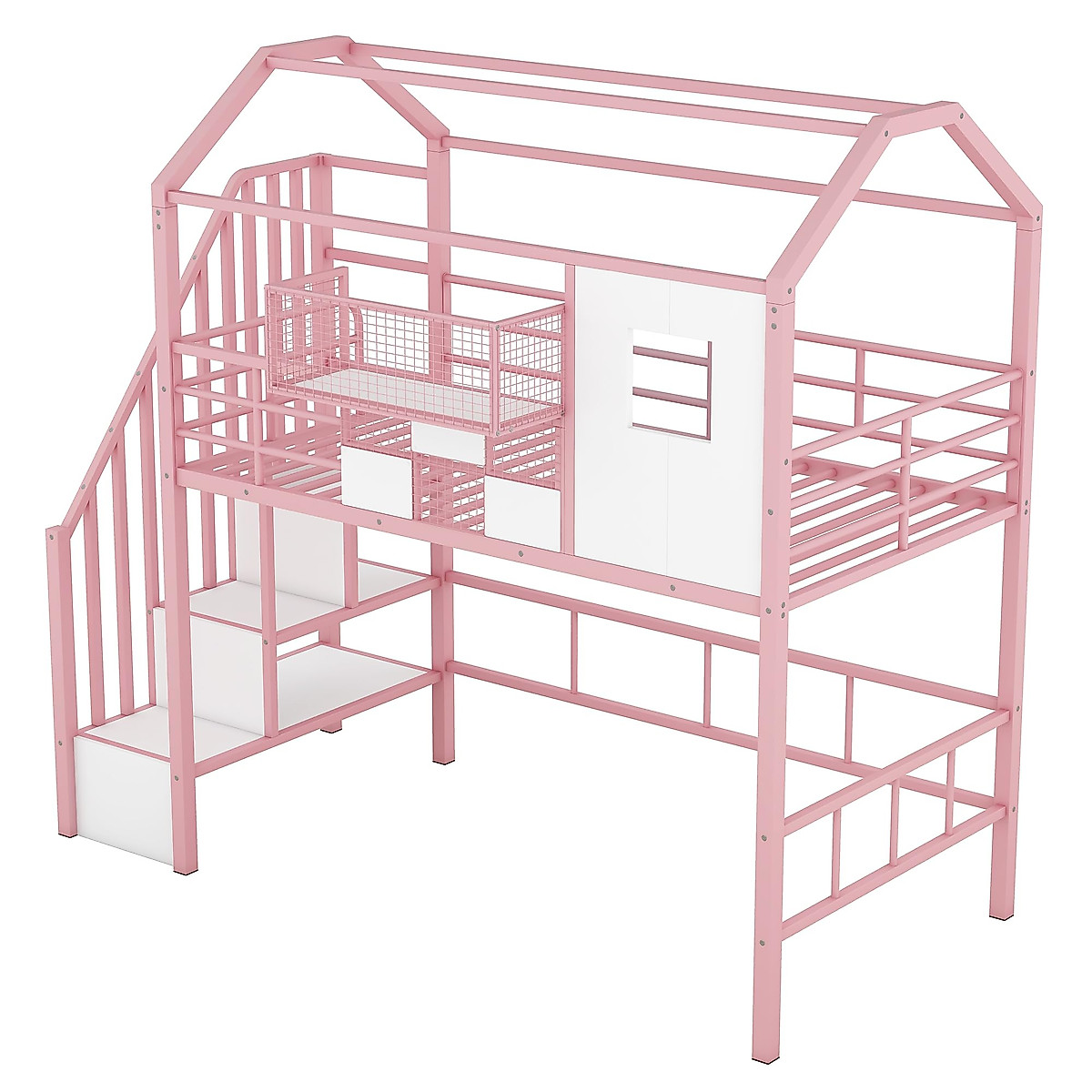 Twin Loft Bed with Stairs, Roof, Window and Full-Length Guardrail, House Loft Bed/Heavy Duty Metal Loft Bed with Storage Box and Storage Stairs, Pink Loft Bed Twin Size