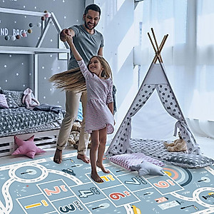 Hopscotch Rug, Hopscotch Mat for Kids Skipping and Jumping, Hop Count Cute Hopscotch Carpet with Non-Slip Backing，Suitable for Girls & Boys Bedroom, Playroom, Nursery(32×47inchs)