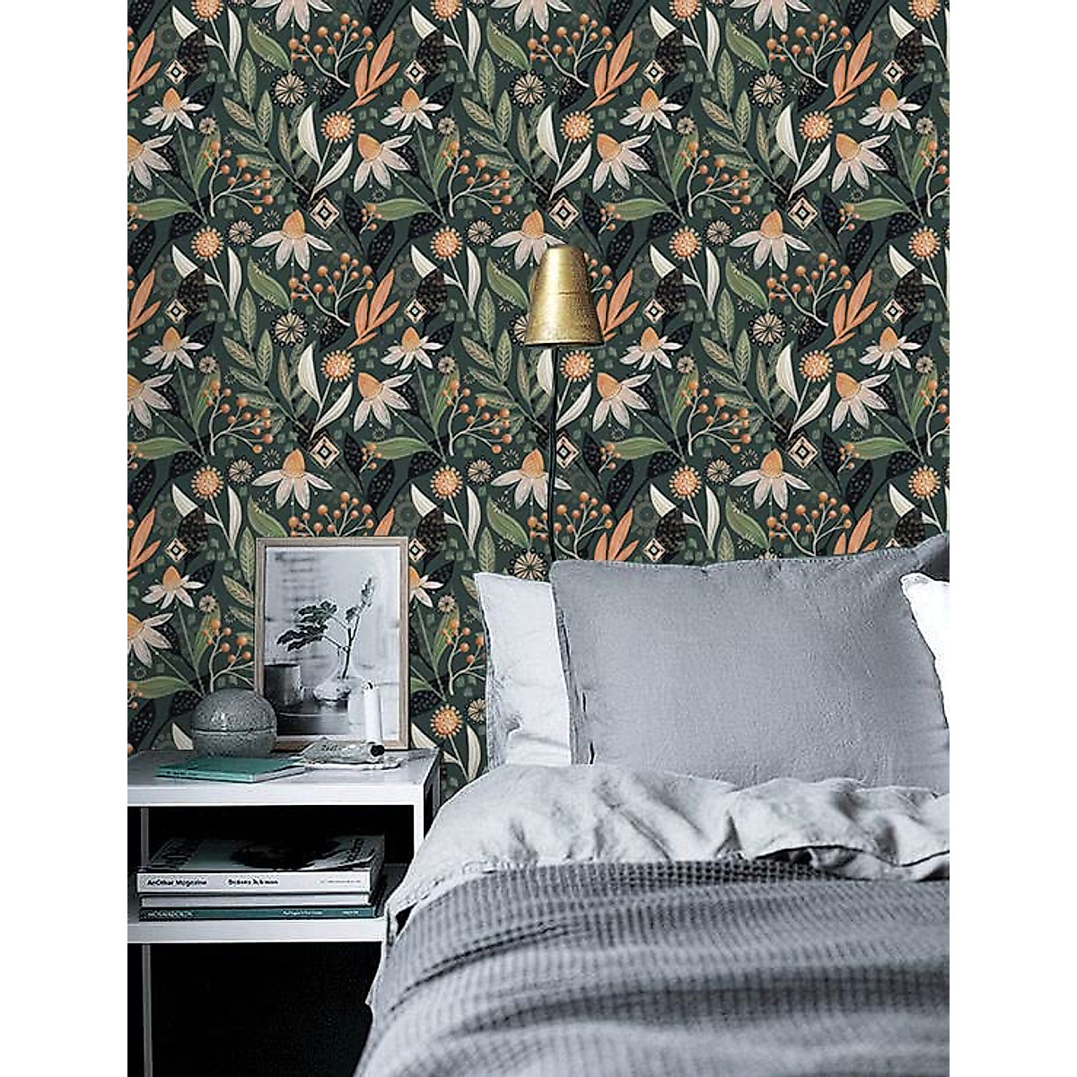 Floralplus Boho Peel and Stick Wallpaper Removable Boho Wallpaper Peel and Stick Floral Botanical Wallpaper for Bedroom Cabinet Wall Office Decor 118 * 17.7in