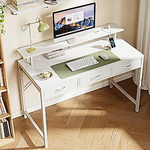 Huuger 47 inch Computer Desk with 3 Drawers, Office Desk Gaming Desk with LED Lights & Power Outlets, Home Office Desks with Storage Space for Bedroom, Work from Home, White