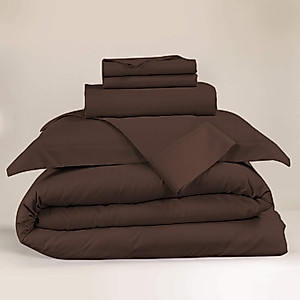 Nestl Duvet Cover 6-Piece Set - Tri-Blend Cotton Deep Pocket Fitted Sheet, Zipper Duvet Cover, 2 Cool Pillow Cases, 2 Pillow Shams - Queen, Chocolate Brown