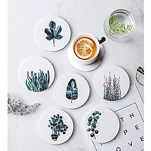 Plant Leaf Coasters for Drinks Set of 6,Absorbent Tropical Green Plant Drink Coasters with Holder,4 Inches Table Office Drink Coasters for Housewarming Gifts Home Bar