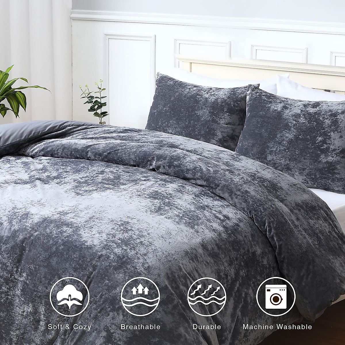 CROMIO Grey Velvet Duvet Cover King Size - Super Soft Flannel Bedding Set with Button Closure and Corner Ties - Luxurious Shimmery Comforter Cover Set for Home Decoration