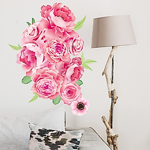 lemoncuter Peony Flower Wall Decals, Pink Floral Wall Decals Flower Wall Stickers Peel and Stick, Large Rose Flower Wall Decal for Walls Girls Bedroom Kids Living Room Nursery Classroom Decoration