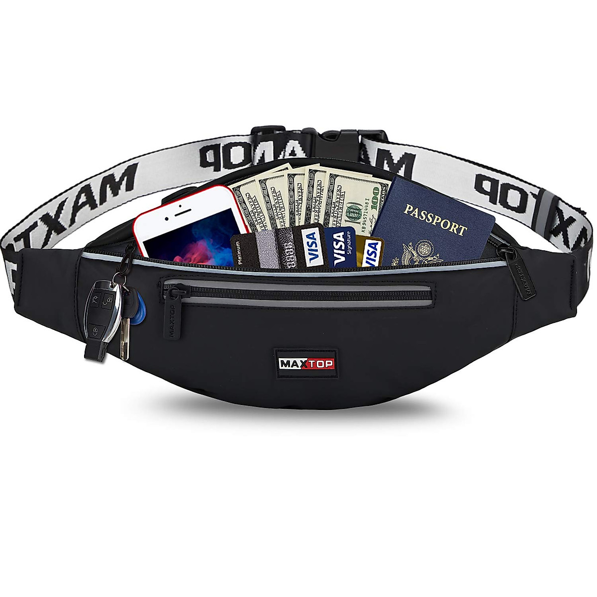 MAXTOP Slim Fanny Packs for Women Men with Water-Resistant PU Leather Waist Pack Belt Bag for Biking Running Jogging Traveling Outdoors Workout Cycling Fitness and Hiking (Black)