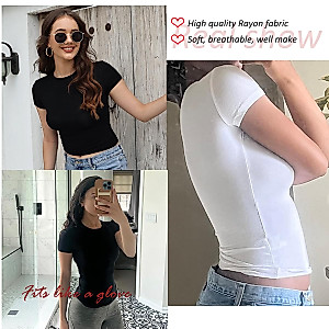 Dwnval Women Sexy Basic T Shirts Tops Spring Summer Short Sleeve Crewneck Slim Fit Cute Crop Top Blouses(Black, S)