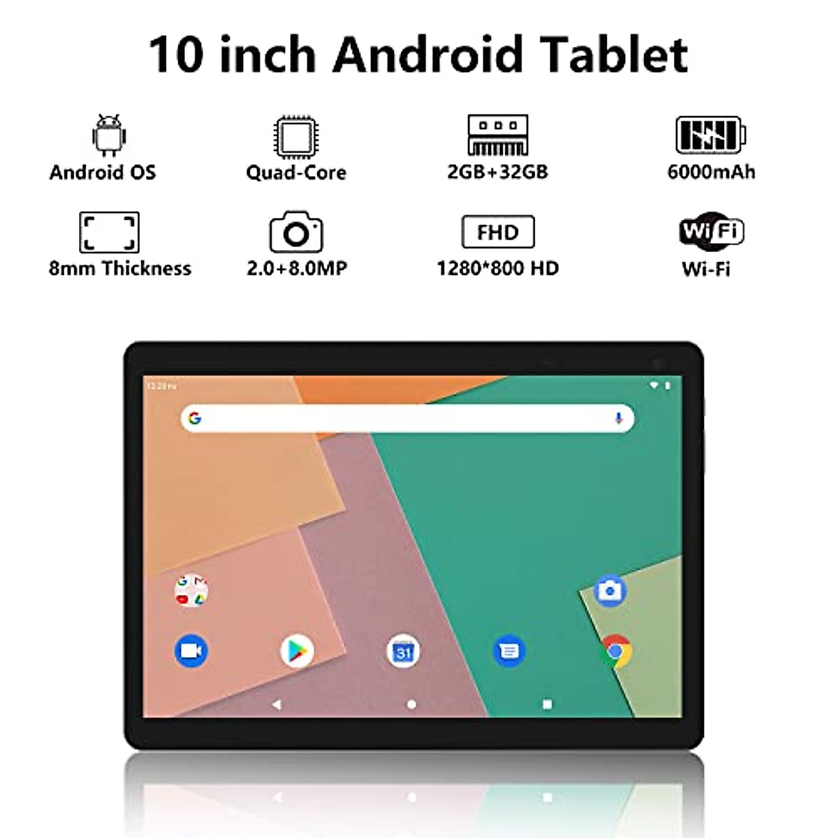 Android Tablet, 10 inch Tablets, 2GB+32GB Computer Tablet Support 512GB Expand, 2MP + 8MP Camera, IPS Screen, WiFi, Bluetooth, 6000mAh, Google GMS Certified Tableta Blue