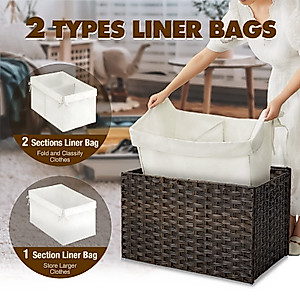GREENSTELL Storage Basket with Lid, 105L Large Wicker Basket with Lid, Handwoven Blanket Storage Basket with Handles, Removable Cotton Liner, Metal Frame, Foldable for Bedroom, Laundry Room, Brown