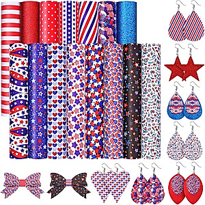 15 Pieces Labor Day American Flag Faux Leather Sheets Glitter Sequins Synthetic Leather Sheets DIY Faux Leather Fabric Making Earrings Bows DIY Crafts, 8.3 x 6.3 Inch (Classic Style)