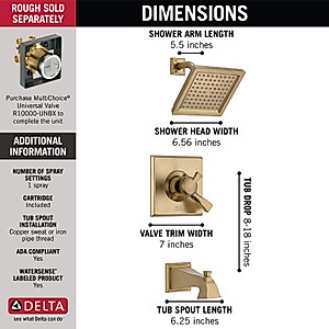 Delta Faucet Dryden 17 Series Dual-Function Tub and Shower Trim Kit with Single-Spray Touch-Clean Shower Head, Champagne Bronze, 2.0 GPM Water Flow, T17451-CZ-WE (Valve Not Included)