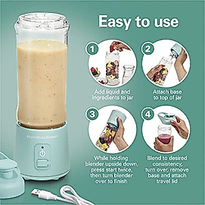 Hamilton Beach Mini Cordless Portable Personal Blender for Shakes and Smoothies, USB Rechargeable, 16 oz. Jar with Leakproof Travel Lid, 6 Stainless Steel Blades, Blue (51182)