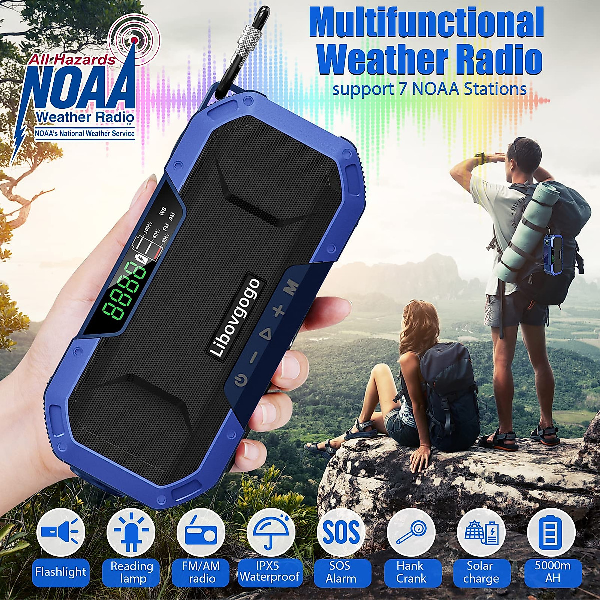 Emergency Radio Waterproof Camping Radio,Portable Digital AM FM Radio with Flashlight,Reading Lamp,Hand Crank WB NOAA Weather Radio with Solar Panel,5000mAH Cell Phone Charger,Outdoor Survival Gadget