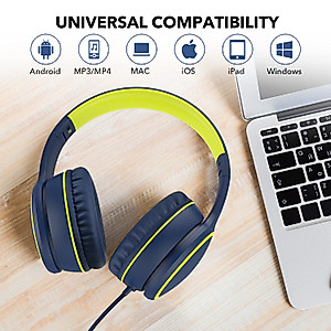 RORSOU R10 On-Ear Headphones with Microphone, Lightweight Folding Stereo Bass Headphones with 1.5M No-Tangle Cord, Portable Wired Headphones for Smartphone Tablet Computer MP3 / 4 (Blue)