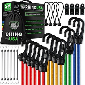 RHINO USA Bungee Cords with Hooks - Heavy Duty Outdoor 28pc Assortment with 4 Free Tarp Clips, Drawstring Organizer Bag, Canopy Ties & Ball Bungees