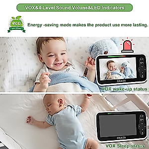 OKAIDI Baby Monitor with Camera and Audio, 5" Large Screen with 30-Hour Battery, 1000ft Range Video Baby Monitor, Remote Pan-Tilt-Zoom Baby Monitor No WiFi, Night Vision, VOX, 2-Way Talk, 8 Lullabies