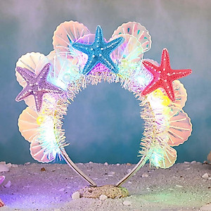 GORTIN Light Up Starfish Headband LED Mermaid Headbands Glow Seashell Hair Band Beach Party Costume Headwear Hair Accessories for Women and Girls