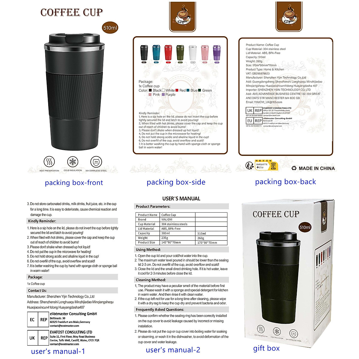 YINJOYI 17oz Travel Coffee Cups Insulated Mug Thermal Tumbler to Go with Lid Leak Proof Reusable Stainless Steel Coffee Mug Spill Proof for Hot and Iced Cold Drinks (White, 510ml)