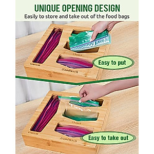 Ziplock Bag Storage Organizer for Kitchen Drawer, 4-in 1 Bamboo Food Baggie Holder, Compatible with Ziploc, Solimo, Glad, Hefty for Gallon, Quart, Sandwich, Snack & Freezer Gallon Variety Size Bag