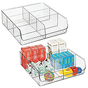 mDesign Plastic Home Office Wide Bin Organizer with 6 Compartments for Cabinets, Closets, Drawers, Desks, Tables, Workspace - Staple, Notepad, Paperclip Holder - Ligne Collection - 2 Pack - Clear
