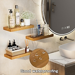 TREEMBER Wooden Floating Shelves for Wall 15.7" Rustic Wall Mounted Shelves Set of 3 Natural Paulownia Wood Shelves Décor for Bedroom,Living Room,Kitchen (Brown)