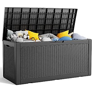 PatioZen 100 Gallon Deck Box,Resin Outdoor Storage Box with Lockable for Patio Furniture, Pool Accessories, Garden Tools Waterproof Outside Storage Box, Black