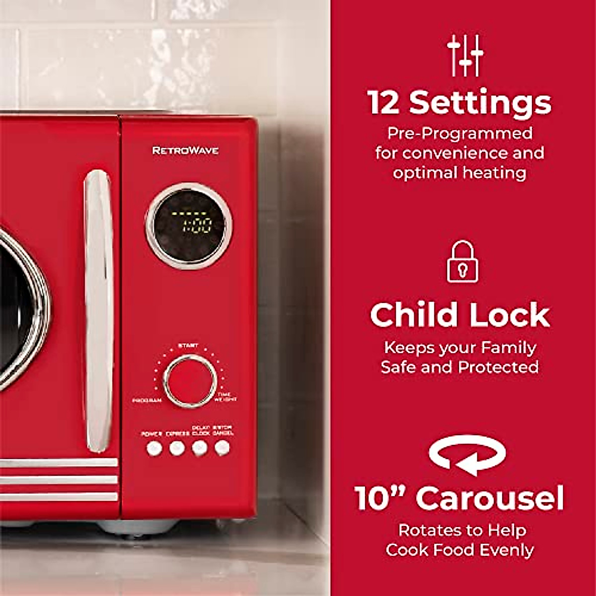 Nostalgia Retro Countertop Microwave Oven - Large 800-Watt - 0.9 cu ft - 12 Pre-Programmed Cooking Settings & Retro 3-in-1 Family Size Electric Breakfast Station, Non Stick Die Cast Grill/Griddle