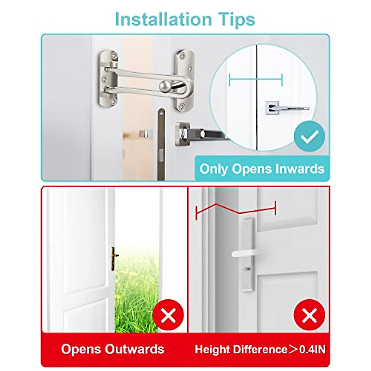 Door Lock Latch for Home Security - Swing Bar Door Guard for Front and Inside Door, Safety Childproof Reinforcement Door Stopper for Kids Home Hotel Apartment, Thicken Aluminium Alloy Satin Nickel (2)