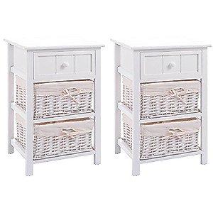 Giantex Nightstand with Drawers Wooden, W/ 2 Storage Baskets and Open Shelf for Bedroom, Bedside Sofa End Table (2, White)