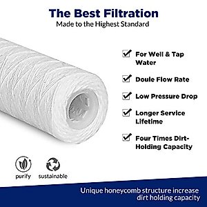 42 Pack of 10 Micron 10"x2.5" String Wound Whole House Water Filter Replacement Cartridge by Membrane Solutions, Universal Sediment Filters for Well Water, Compatible with WFPFC4002, CW-F, CW-MF, WP-5