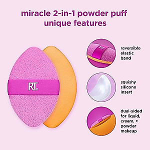 Real Techniques Miracle 2-In-1 Powder Puff, Dual-Sided, Full-Size Makeup Blending Puff, Reversible Elastic Band, Precision Tip Makeup Sponge & Powder Puff, For Liquid, Cream & Powder, 1 Count