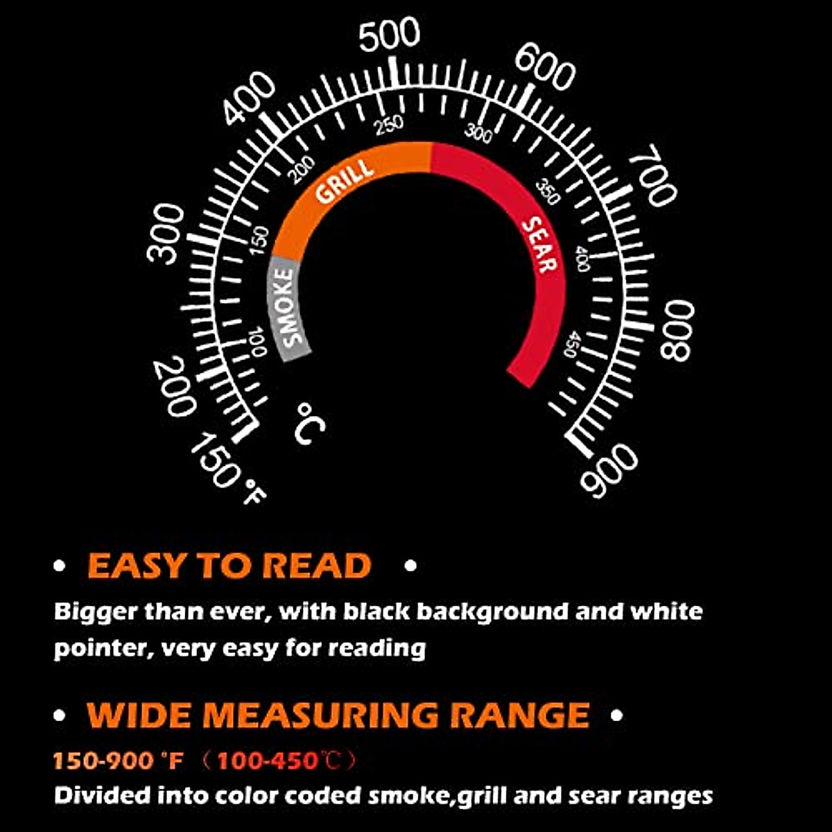 Grill Temperature Gauge Thermometer Replacement for Big Green Egg with 3.3" Large Face,Big Green Egg Accessories Thermometer Replacement 150-900°F with Waterproof and No-Fog Glass Lens