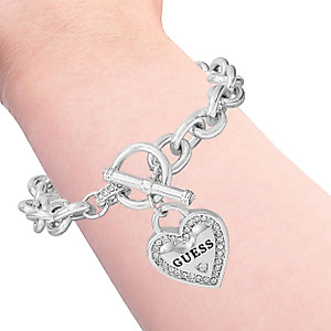 GUESS Silvertone Heart Logo Charm Toggle Bracelet