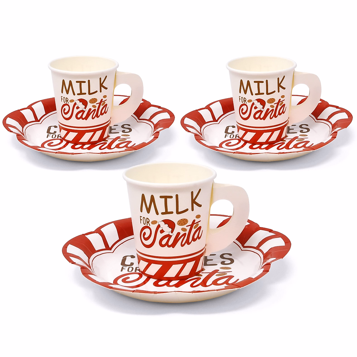 Gift Boutique 24 Disposable Xmas Santa Milk & Cookies Cup & Saucers Set 7 Oz Paper Mug with Handle 7" Scallop Shaped Saucer Plate for Tea Hot Cocoa Chocolate Coffee Mugs Holiday Xmas Dinner Supply