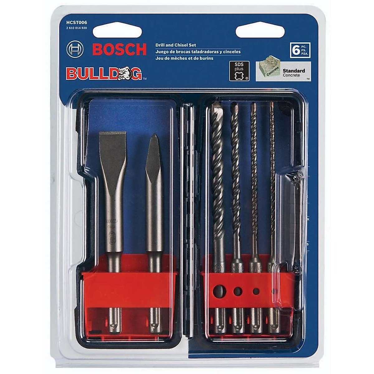 BOSCH GBH2-28L 1-1/8" SDS-plus Bulldog Xtreme Max Rotary Hammer and 6 Piece SDS-plus Masonry Trade Bit Set, Chisels and Carbide, HCST006