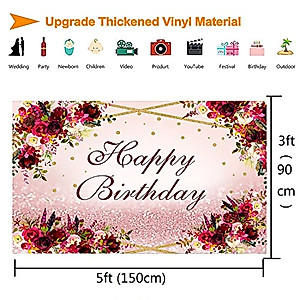 InMemory Burgundy Flower Happy Birthday Backdrop Rose Gold Glitter Birthday Photography Background Rustic Floral Backdrops for Women Lady Girls Bday Party Decorations Banner Photo Booth Supplies 5x3ft