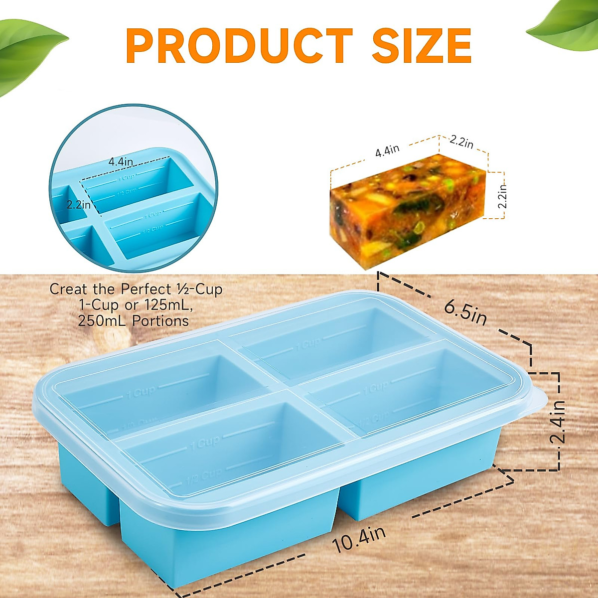 Silicone Freezer Trays with Lid, 1 Cup Soup Freezer Containers - 2 Pack, Silicone Soup Freezer Molds - Large Ice Cube Tray, Freeze and Store Soup, Broth, Sauce, Leftovers - Makes 8 Perfect 1 Cup
