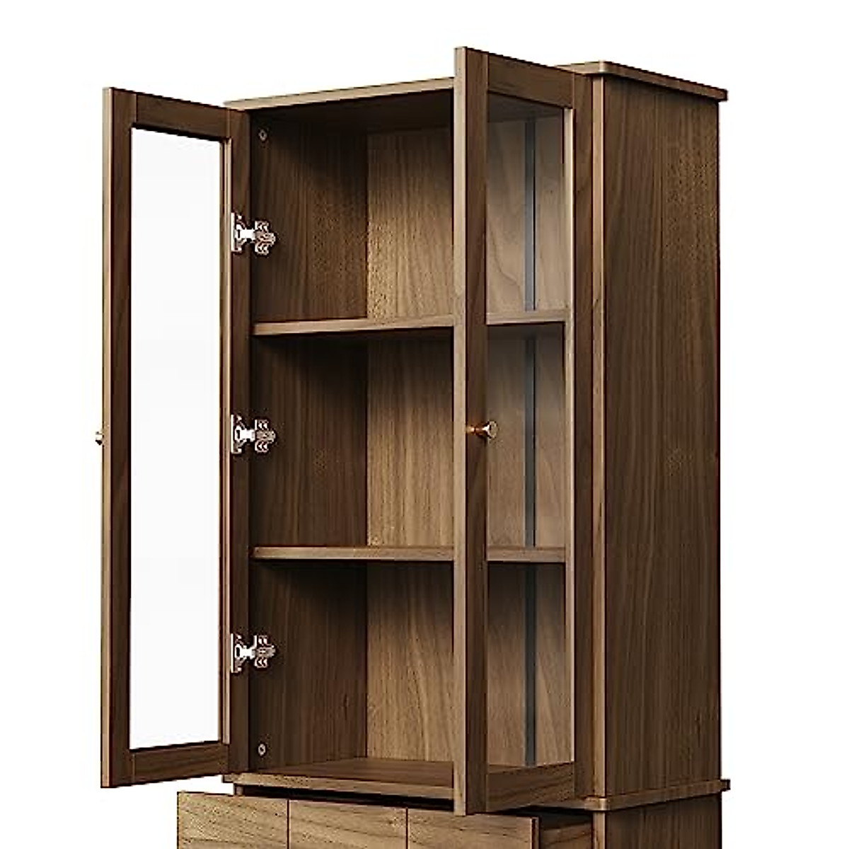 Display Cabinet with Glass Doors and Adjustable Shelves,3-Tier Home Office Bookshelf with Storage Drawers, Freestanding Storage Cabinet for Office Bedroom Dining Living Room（Natural Wood）