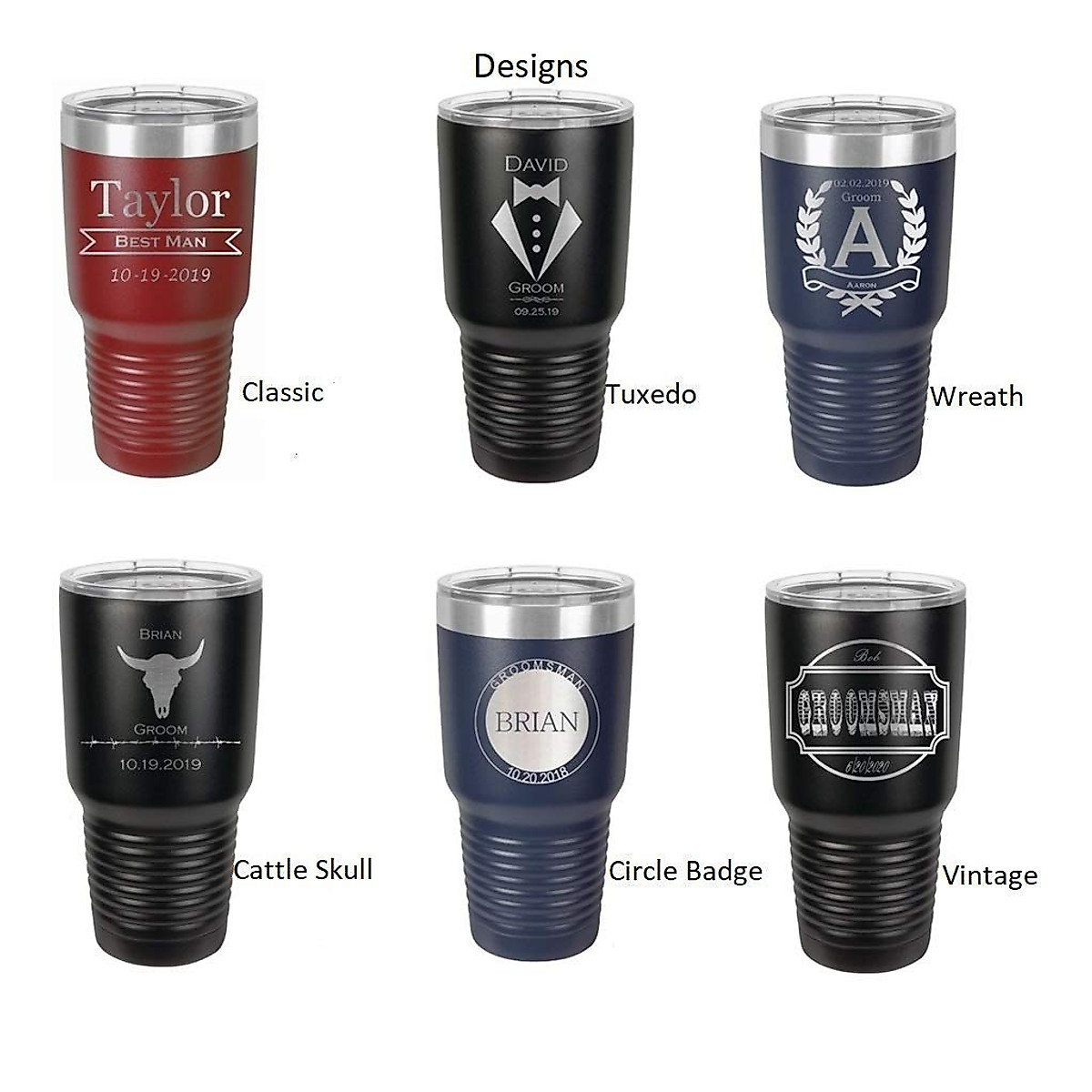 Groomsman 30 ounce Tumbler in Sets of 4 to 15 made of Stainless Steel Custom Engraved with a Clear Lid including Choices of Color, Design, Straw, Thank You Message and Spill Proof Slide Lid