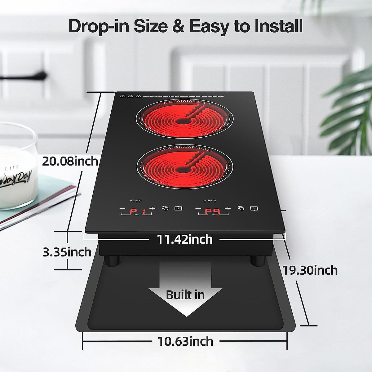 POTFYA Electric Cooktop, 12 Inch Built-in Radiant Electric Stove Top,110V 2100W Electric burner with 2 Burners,9 Power Levels,Kids Safety Lock & Timer, Overheat Protection,Sensor Touch Control