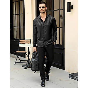 URRU Men's Black Dress Shirt Luxury Dress Shirts Casual Luxury Shiny Silk Long Sleeve Striped Button Down Wedding Shirt Party Prom Shirt Black L