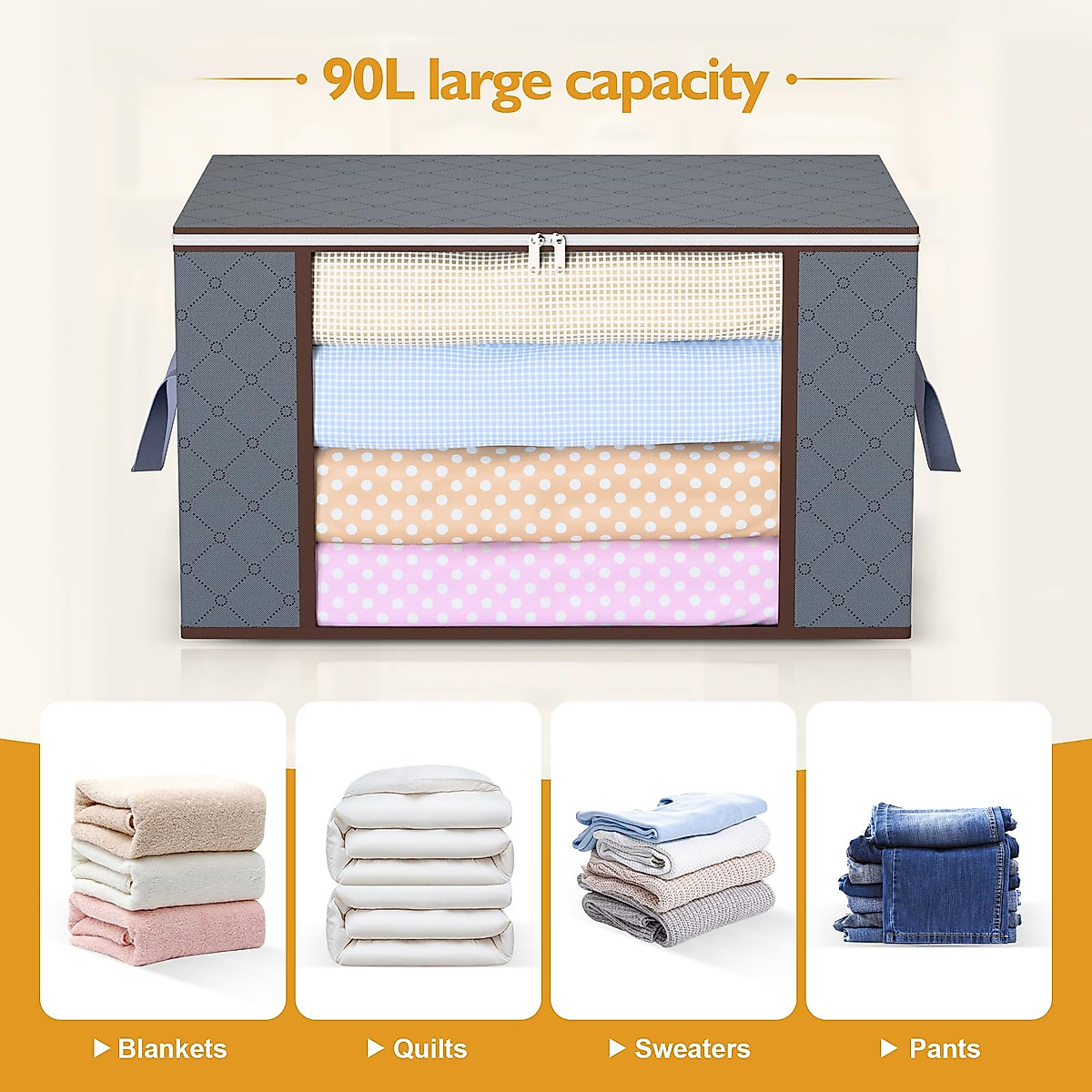 zhulimou Large storage bags.90L large capacity，3 Pack 90L storage and organization bag for Clothing, Towels，Blanket, Comforters, Bed Sheets，Grey