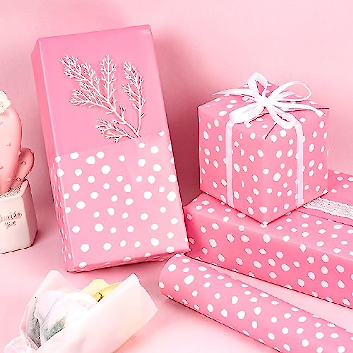 WRAPAHOLIC Reversible Wrapping Paper - Mini Roll - 17 Inch X 33 Feet - Light Pink and Delicate Polka Dots Design for Birthday, Holiday, Wedding, Baby Shower