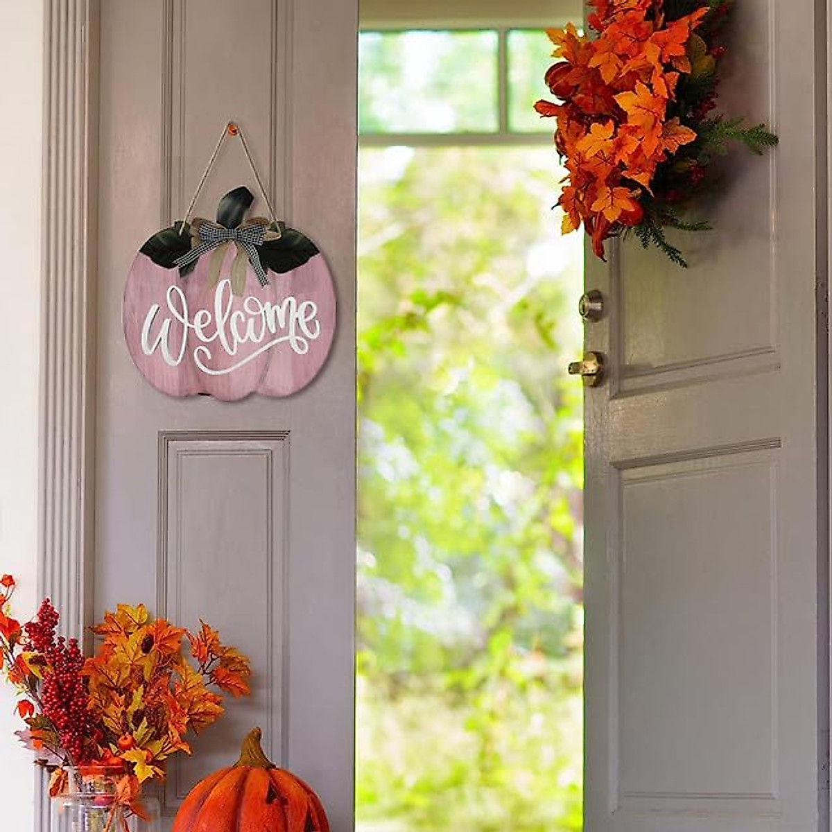 Ymaotrade Fall Sign Thanksgiving Door Hanger Pumpkin Welcome Sign Wooden Pumpkin Decor Hanging Porch Sign for Autumn Harvest Thanksgiving Farmhouse Wall Decoration (Pink) 12in