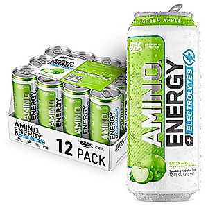 Optimum Nutrition Amino Energy Drink Plus Electrolytes for Hydration, Sugar Free, Caffeine for Pre-Workout Energy and Amino Acids / BCAAs for Post-Workout Recovery - Green Apple, 12 Fl Oz (Pack of 12)